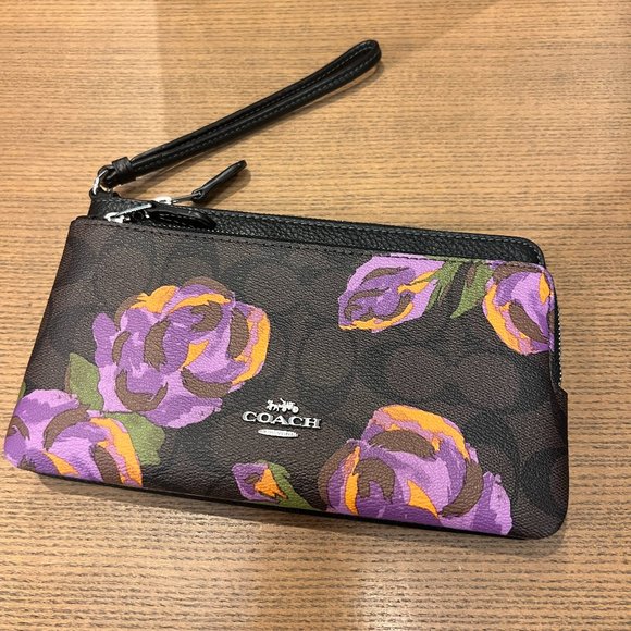 Coach | Bags | Coach Double Zip Wallet In Signature Canvas With Rose ...